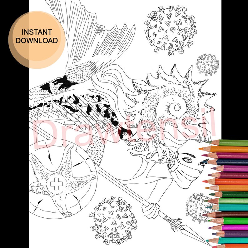 Mermaid Frontline Warrior Coloring Page Printable Download - MERMAY by ...