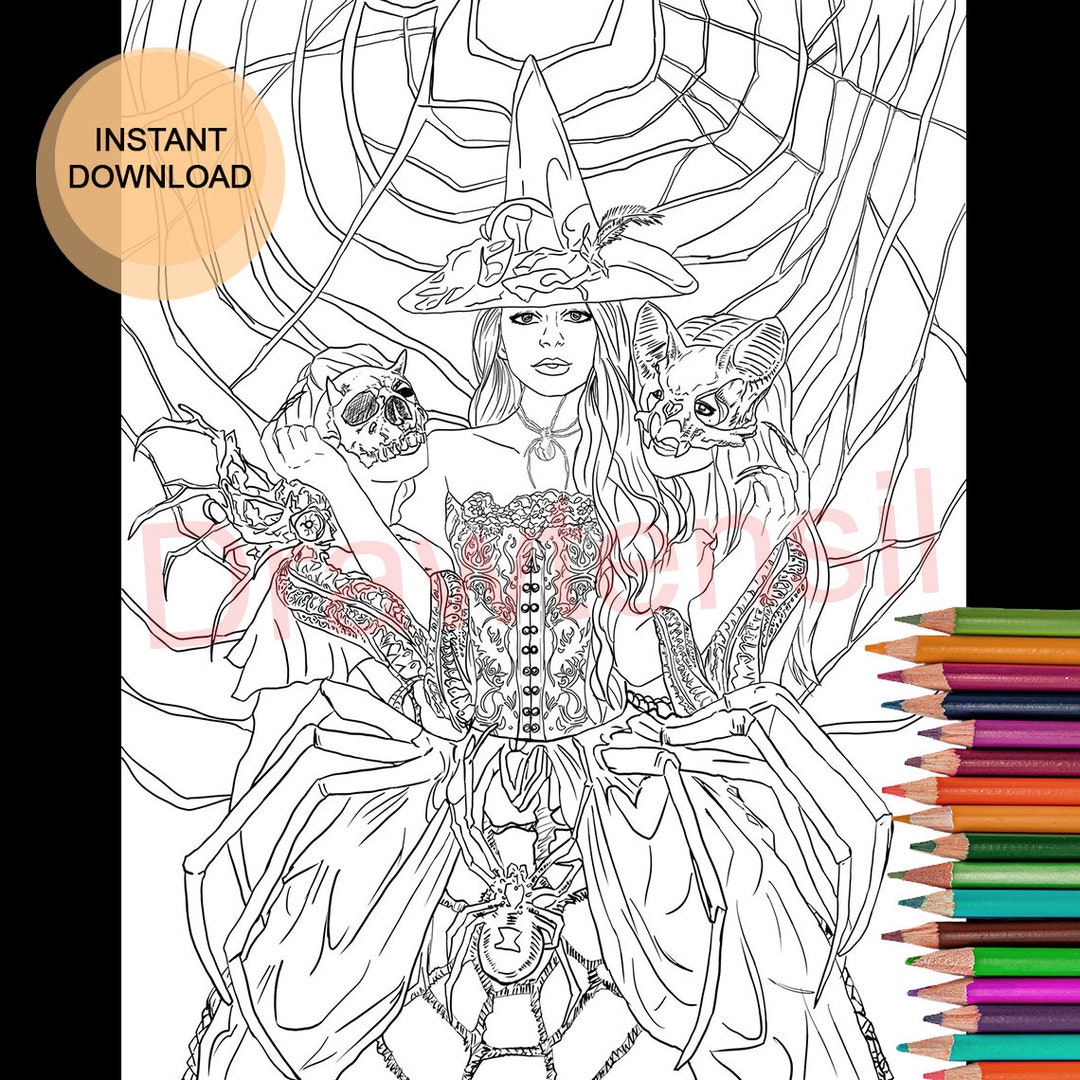 Witches Halloween Coloring Page Printable Download Dark - Etsy