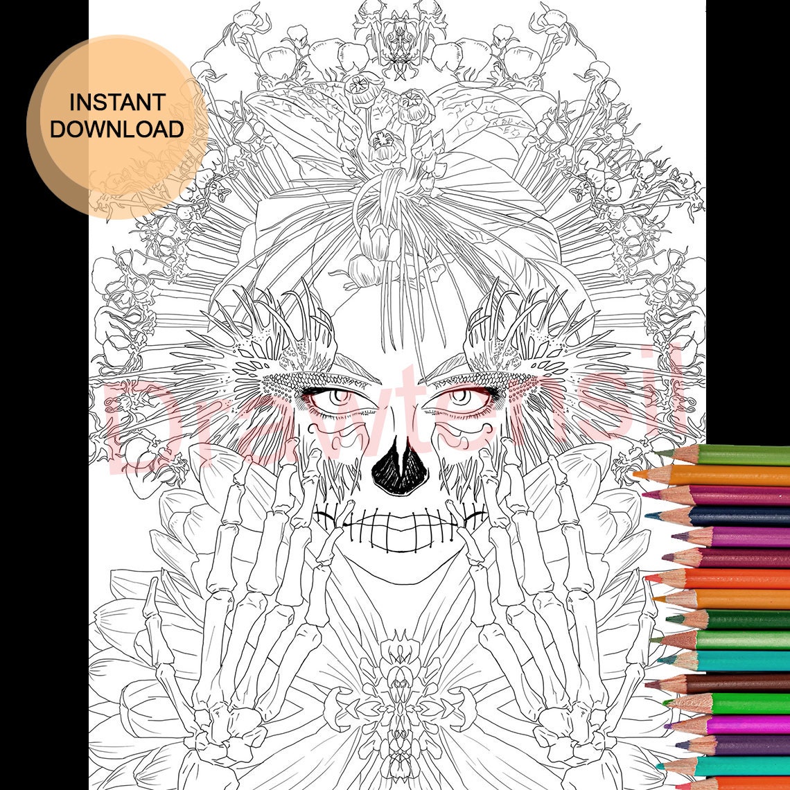 Lady of Death Flowers Halloween Coloring Page Printable Download Dark ...