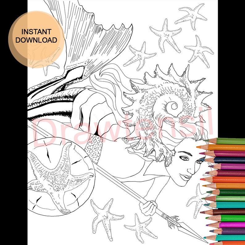 Mermaid Warrior Coloring Page Printable Download MERMAY by - Etsy