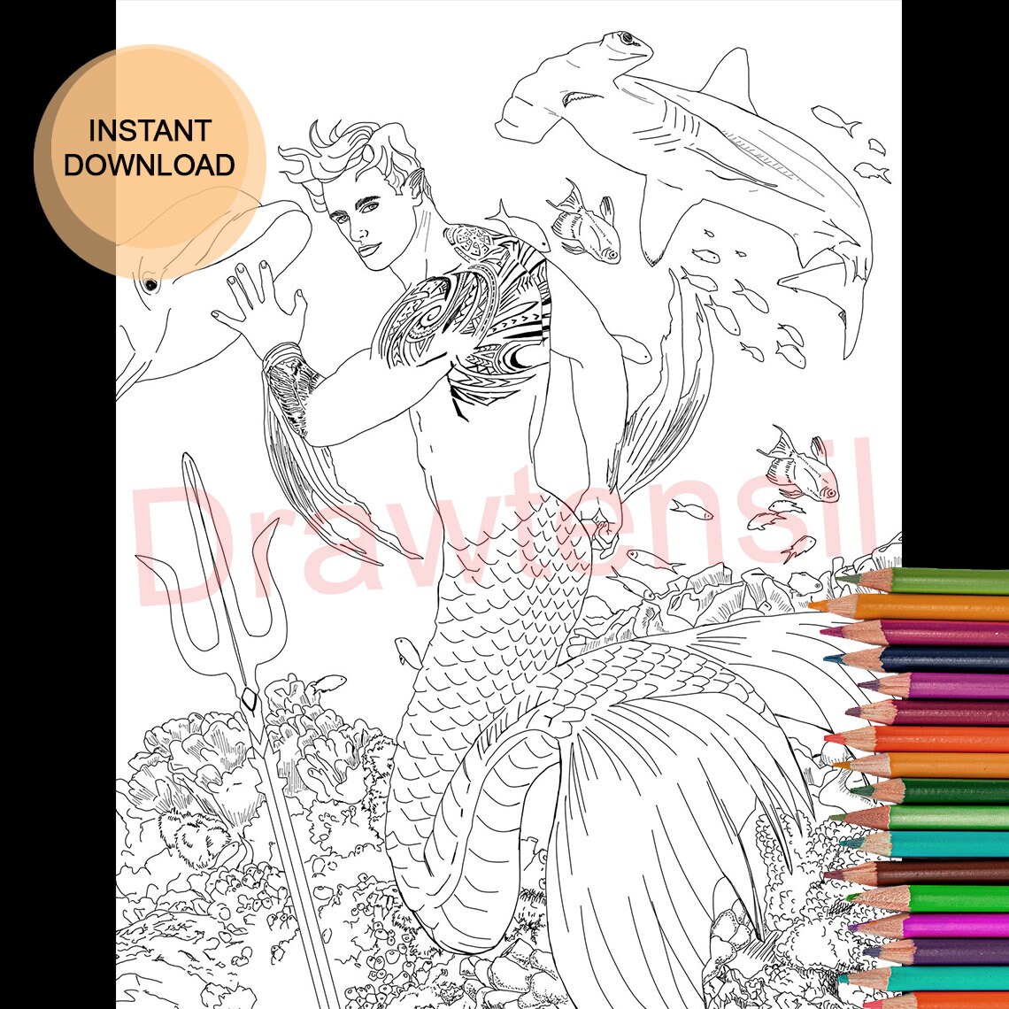 Merman With Fishes Coloring Page Printable Download MERMAY by ...