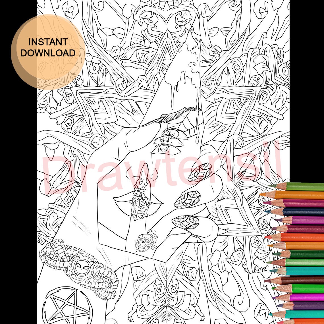 Dizzy Witch Halloween Coloring Page Printable Download Dark Fantasy ...