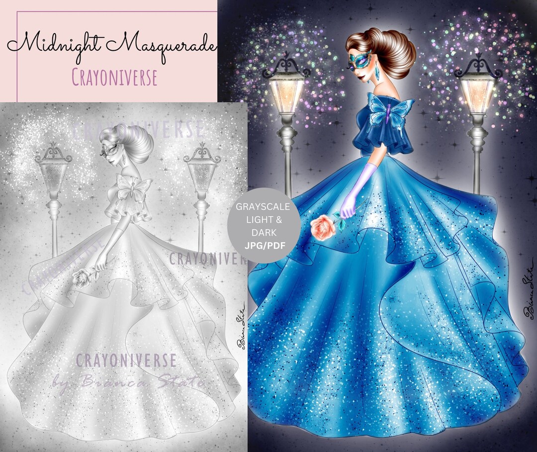 Midnight Masquerade Coloring Page: Grayscale Illustration (JPG & PDF ...