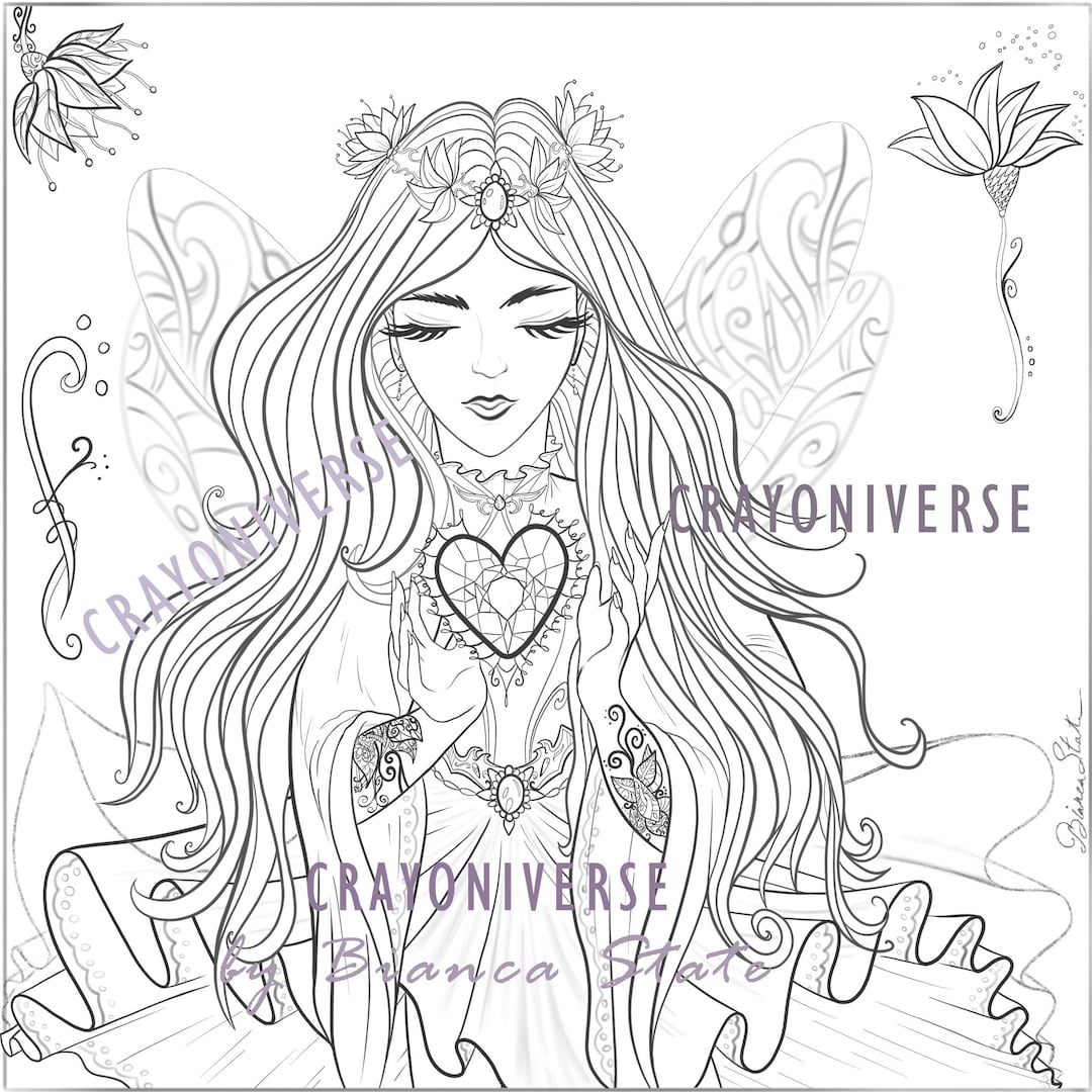 Crystal Heart - Lineart Coloring Page. Gray, Sepia and Black JPG - Etsy