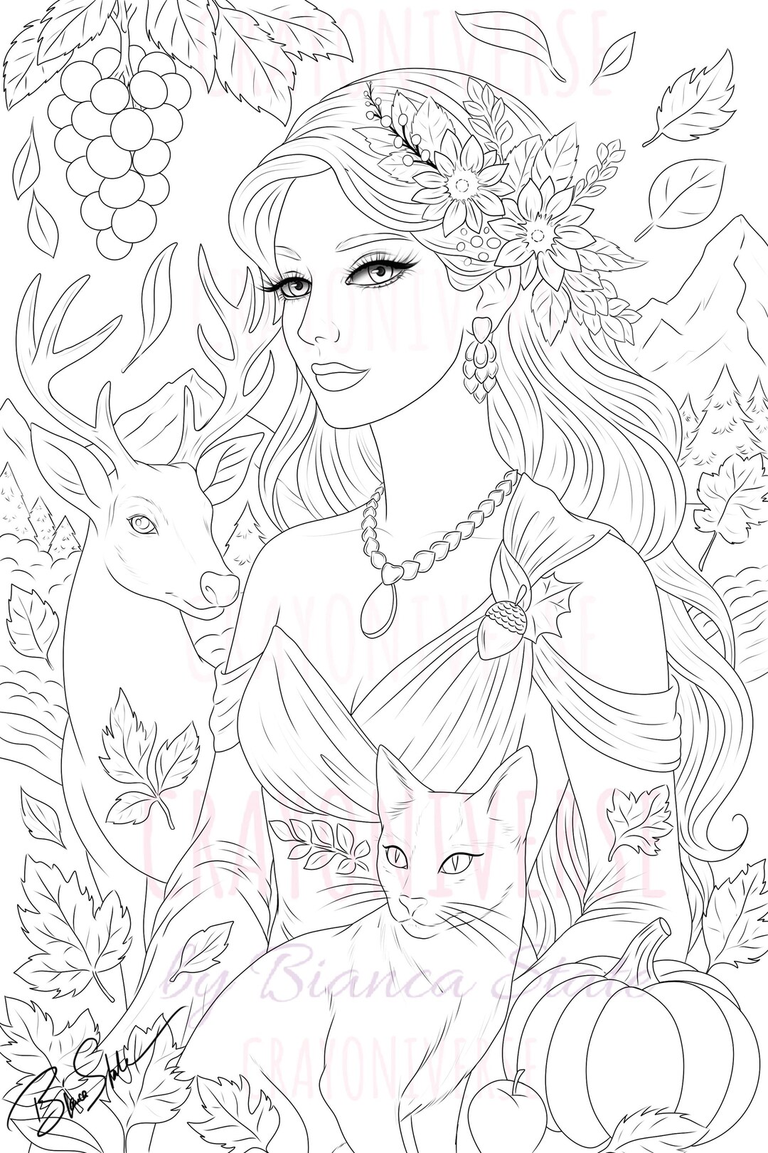 Princess of Autumn Coloring Page: Lineart Illustration (printable ...