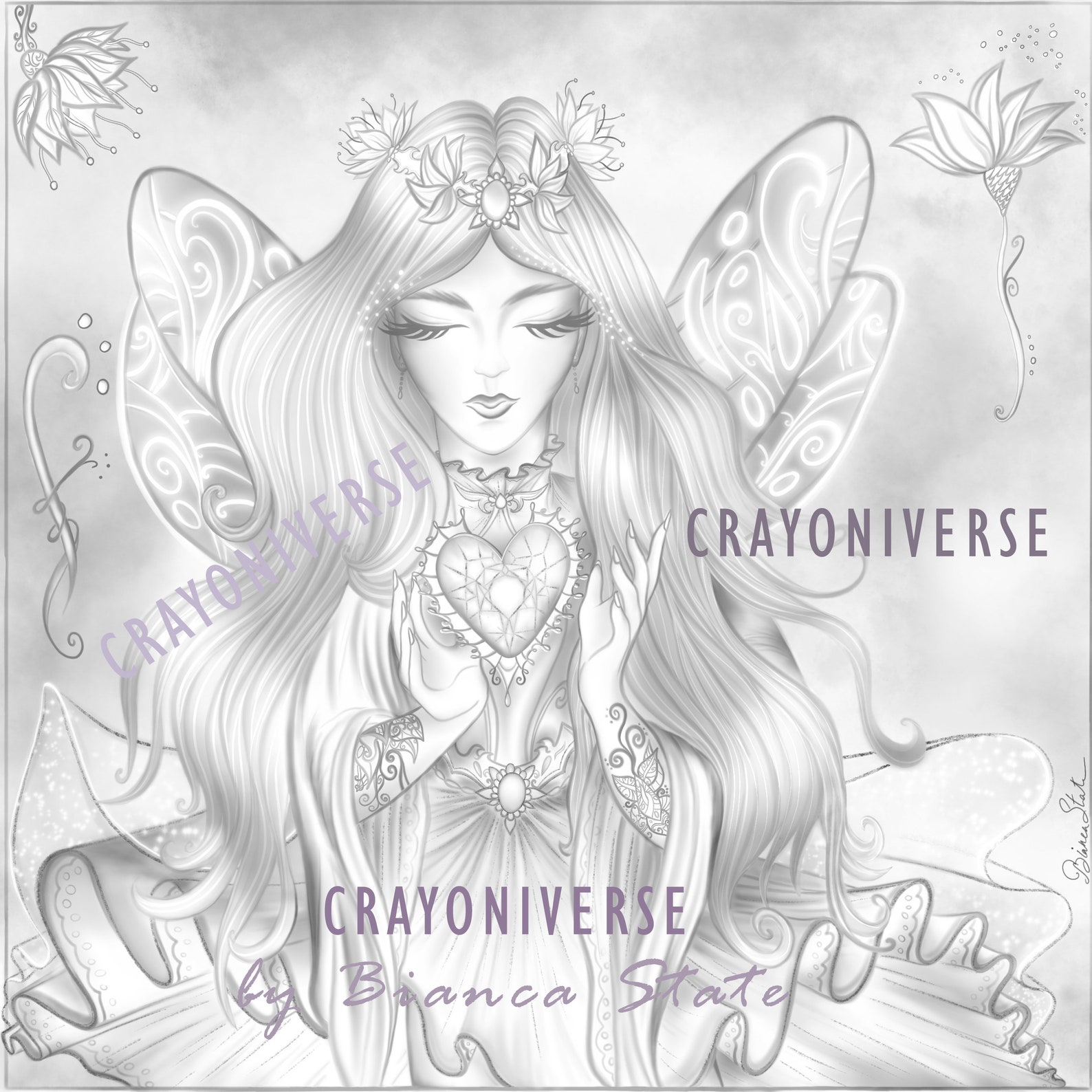 Crystal Heart - Grayscale Coloring Page Fairy by Bianca State ...