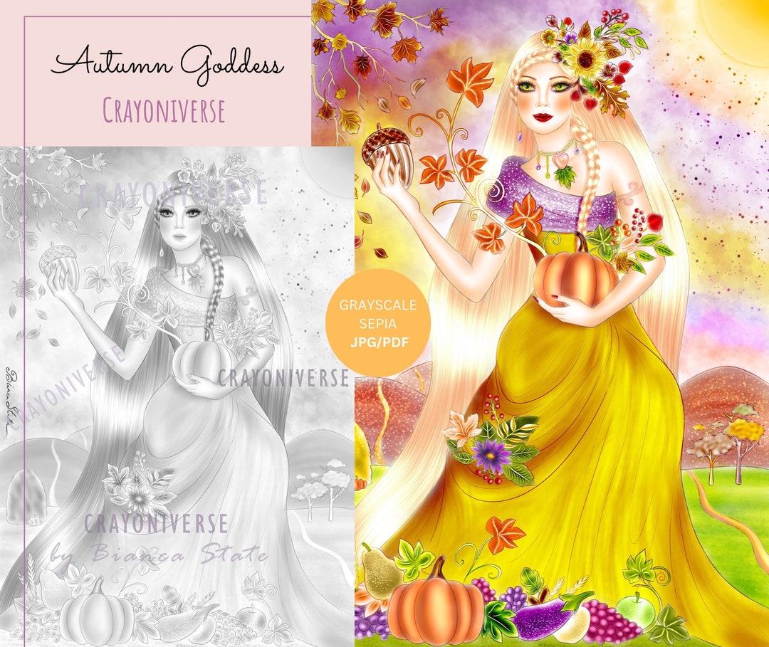 Autumn Goddess Coloring Page: Grayscale Illustration (JPG & PDF) - Etsy