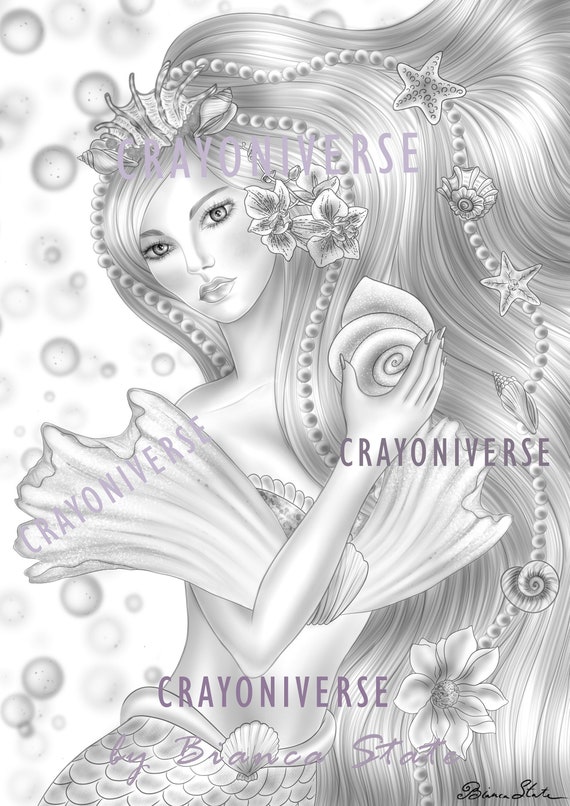 Siren Song Mermaid Grayscale Coloring Page by Bianca State. - Etsy