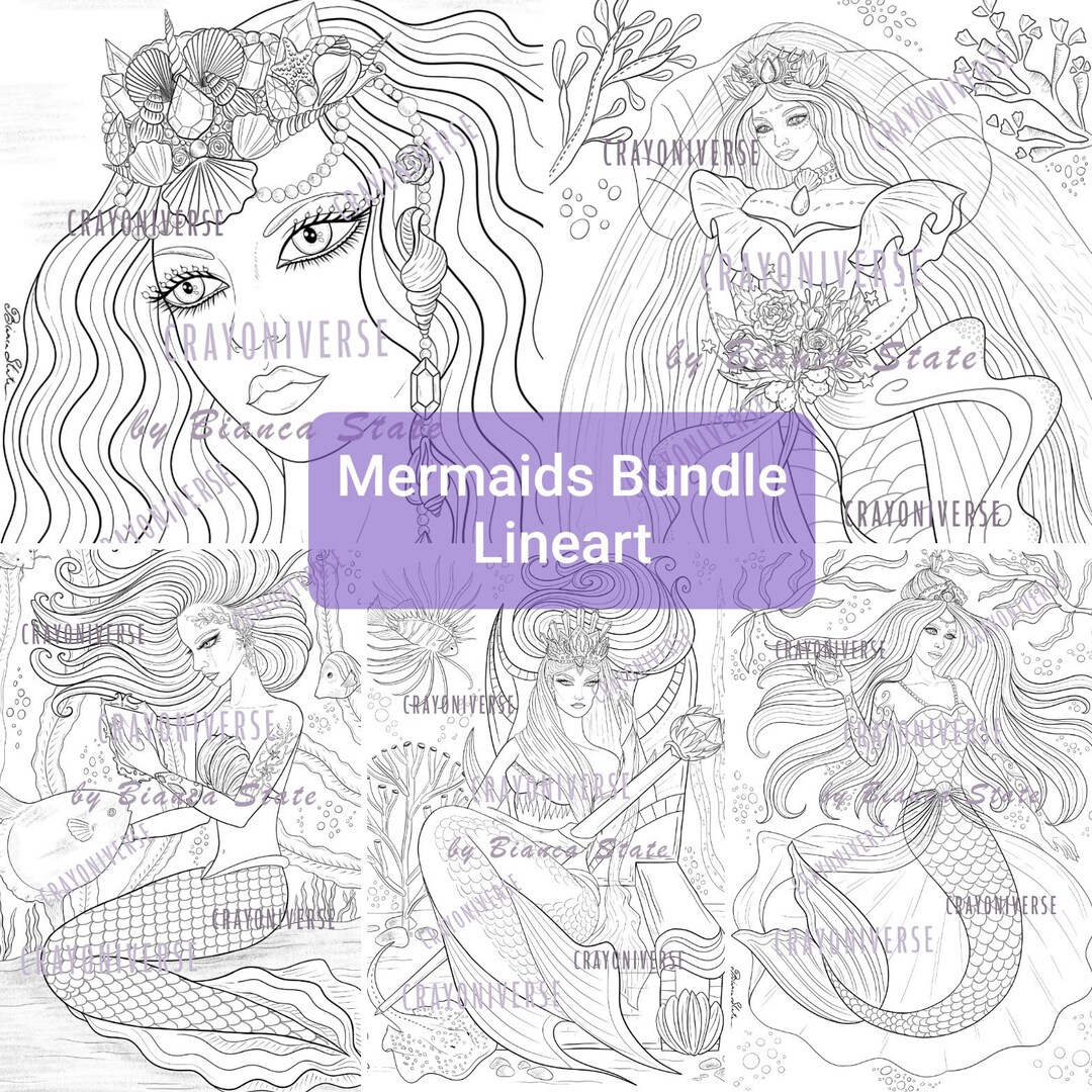 Mermaids Bundle: Lineart Mermaids Illustrated by Bianca State. 5 ...