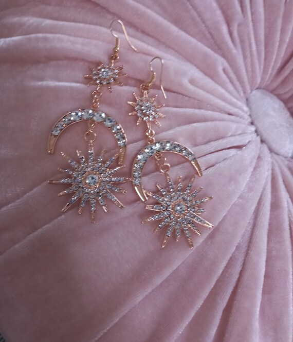 saturn sun moon stars planets pave set crystal earrin… - Gem