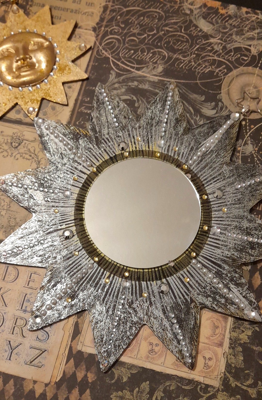 2 Mirror Sun Celestial Silver Gold Leaf Hand Painted Adorments - Etsy