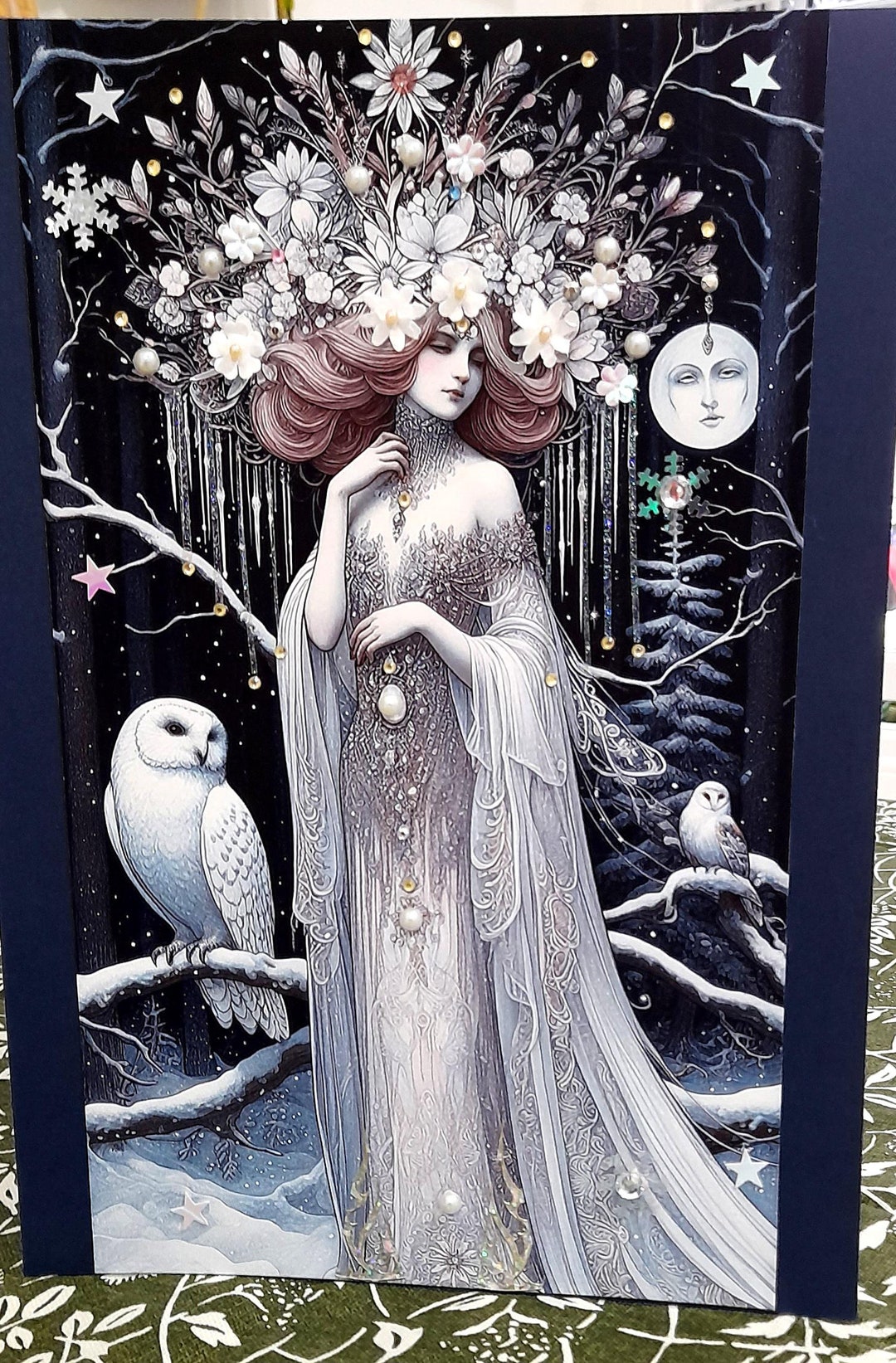 Fantasy Angel Owl Keepsake A4 Handmade Jewelled Christmas Card Wife ...