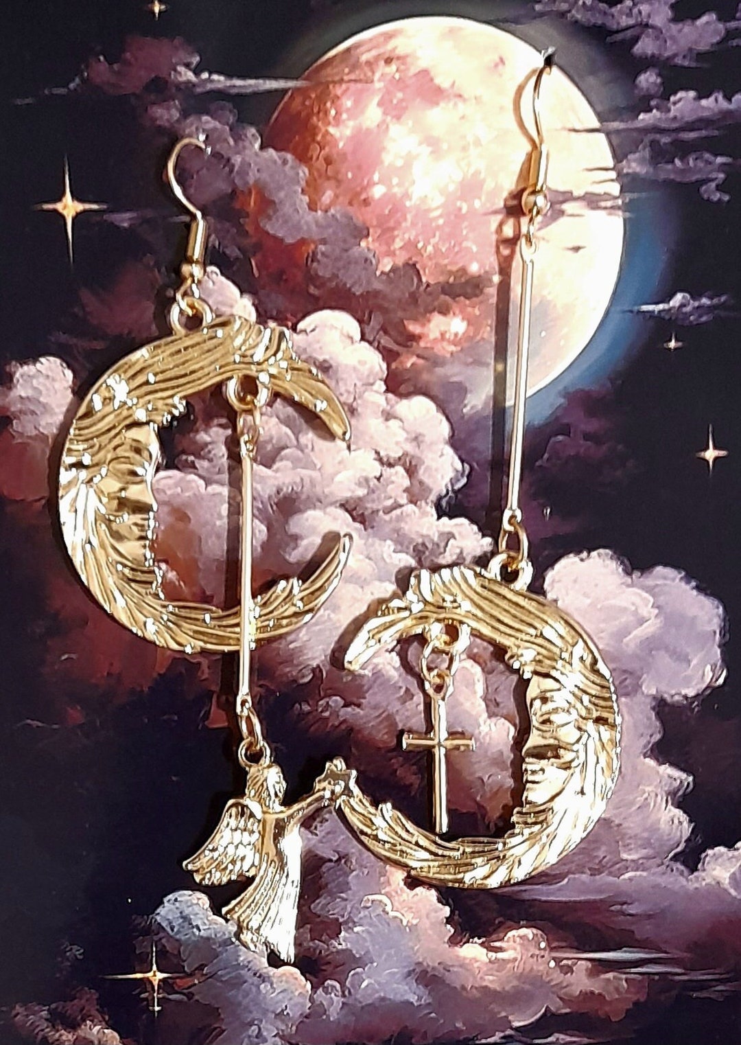Man in Moon Christmas Cross Angel Gold Tone Drop Dangle Irregular ...