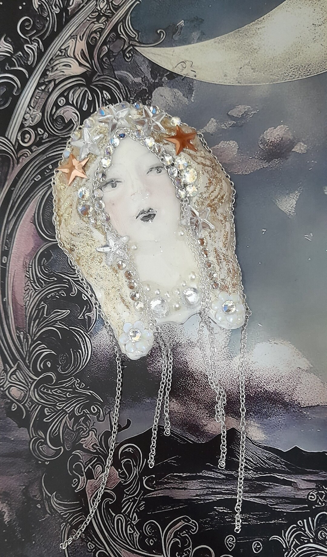 Art Nouveau Brooch Mucha Inspired Prague Wall Head Art Deco Dangle Long ...