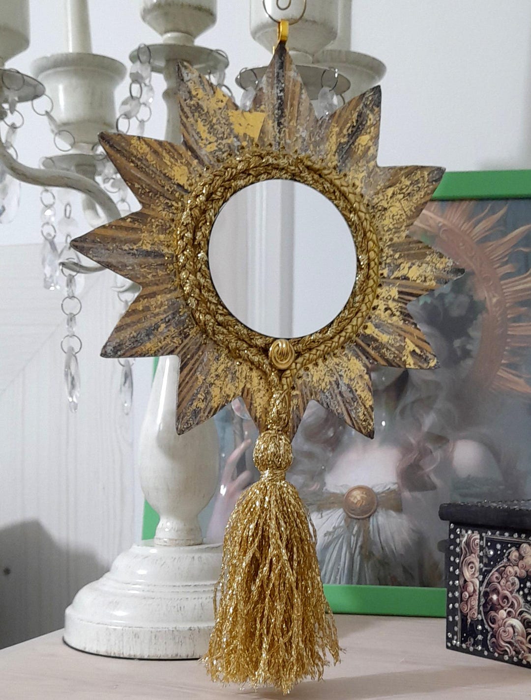 Mirror Sun Celestial Gold Leaf Hand Painted Adorments Hanging Wicca ...