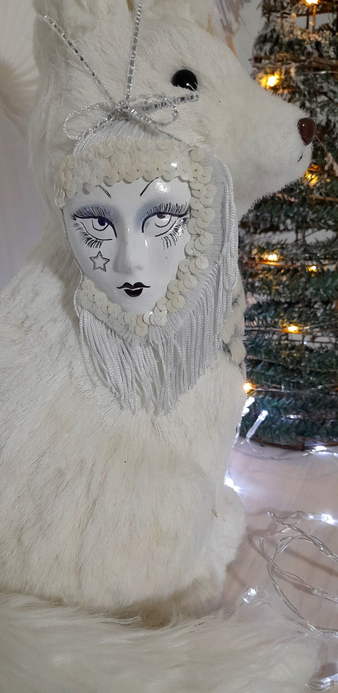 White Art Deco Mask Face Tassle Xmas.christmas Tree Hanging Decoration ...