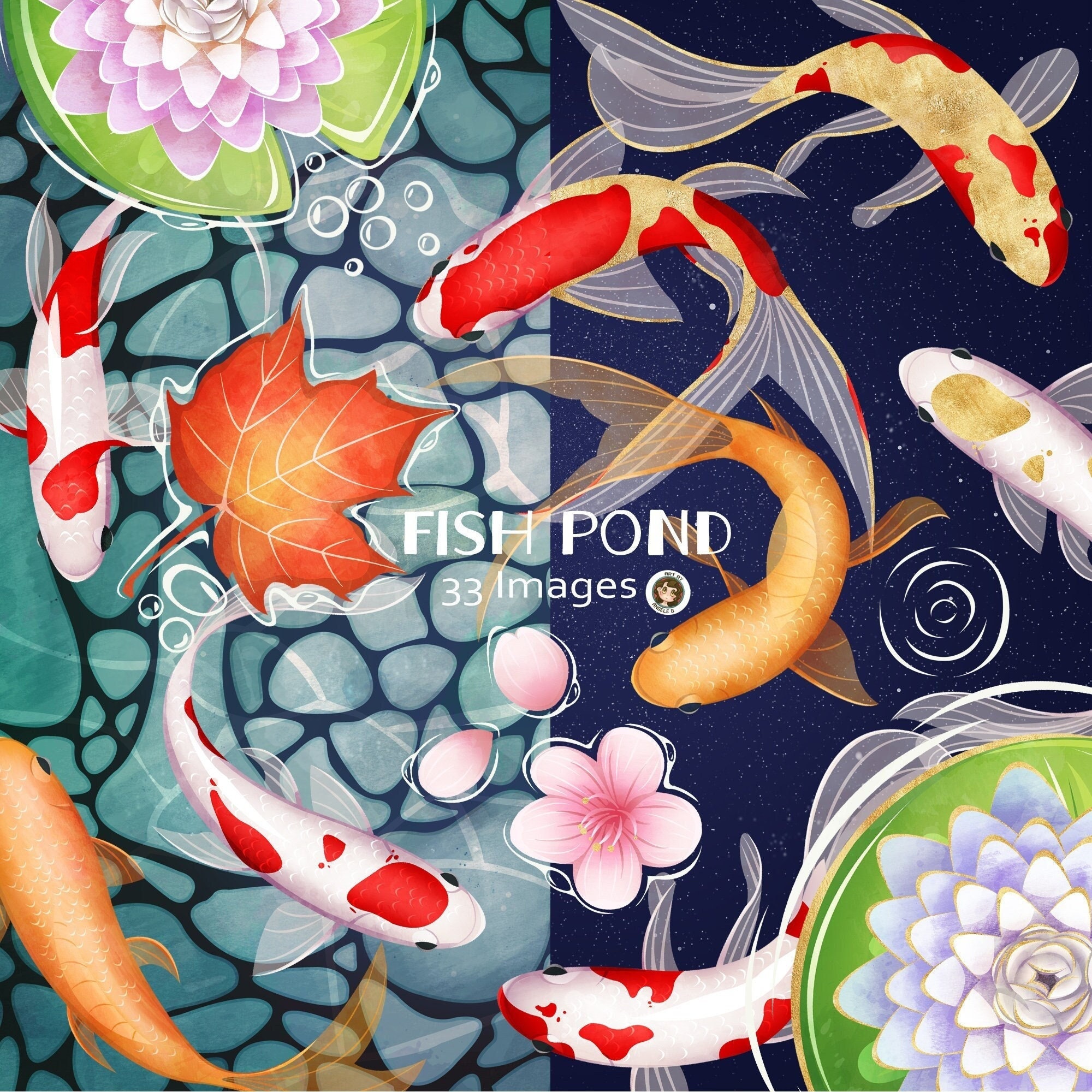 Koi Pond Graphics Clipart Fish Pond Clipart Instant - Etsy
