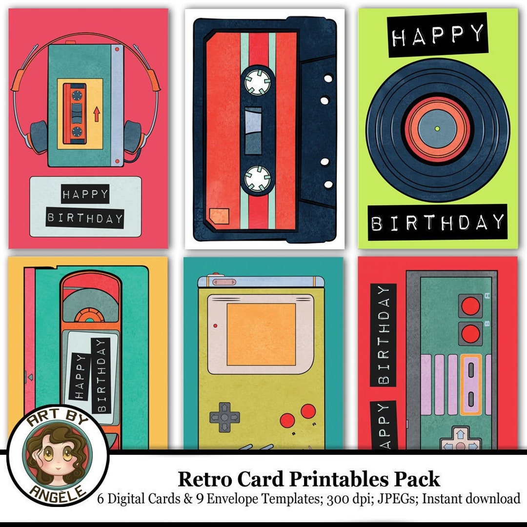 Retro 6 Pack PRINTABLE Cards, Instant Download, Printable Envelope ...