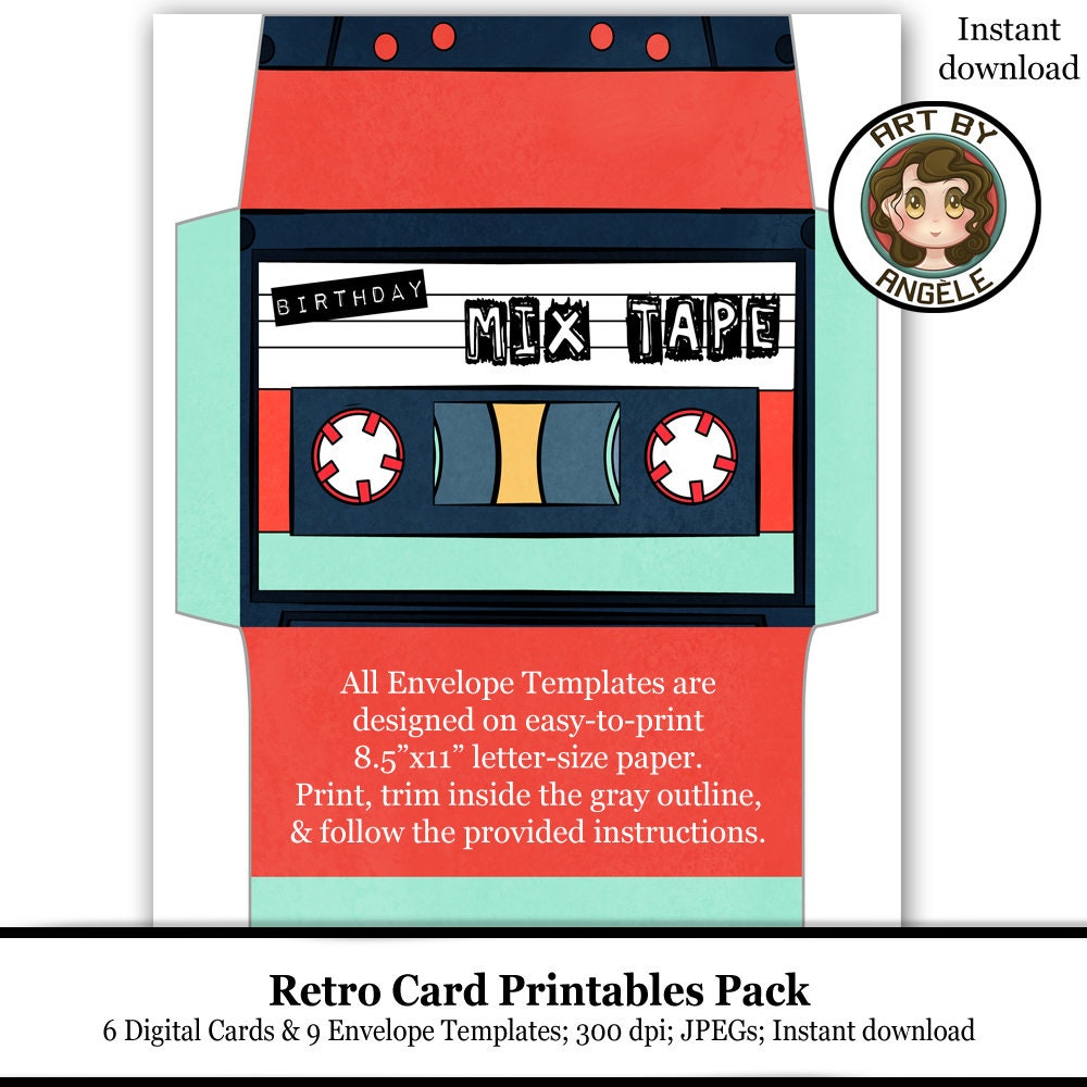 Retro 6 Pack PRINTABLE Cards, Instant Download, Printable Envelope ...