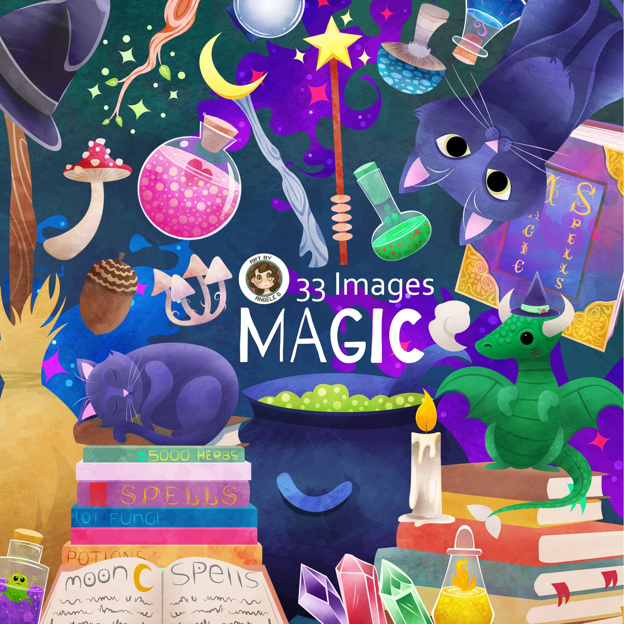 Magic Graphics Clipart – Black Cat Download - Instant Download – Books ...