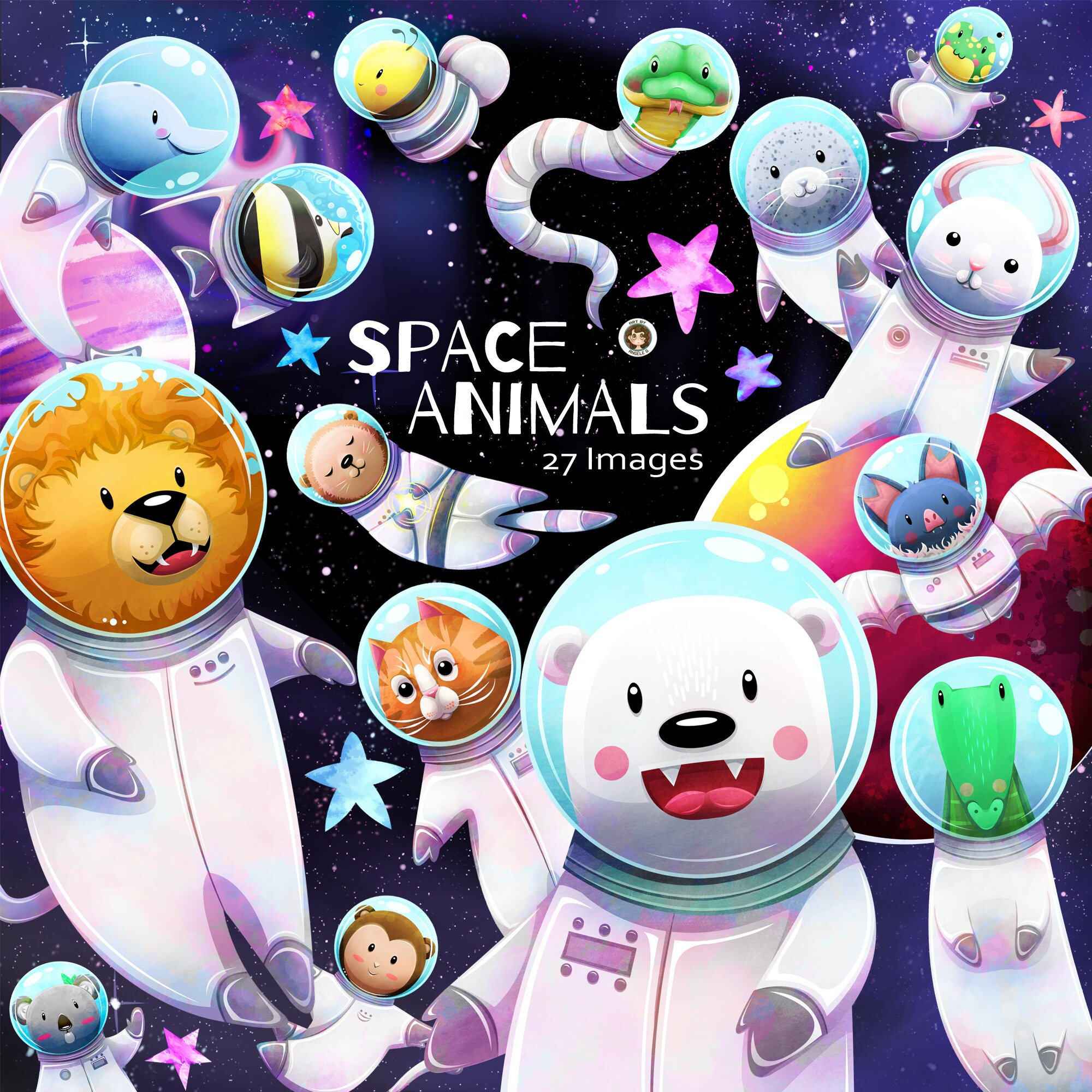 Hand-drawn Space Animal Clipart: Astronaut Animals PNG Graphics ...
