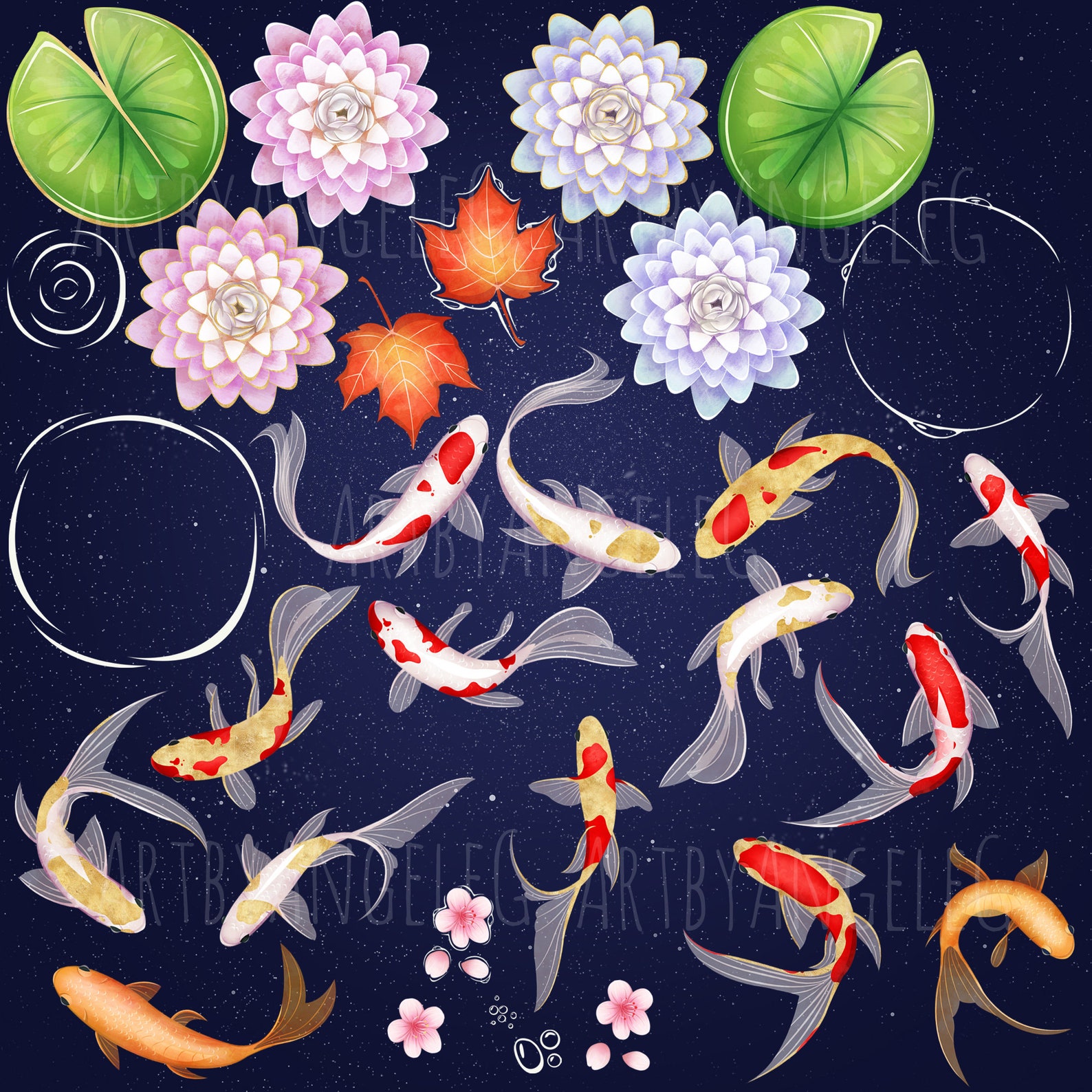 Koi Pond Graphics Clipart - Fish Pond Clipart - Instant Download – Gold ...