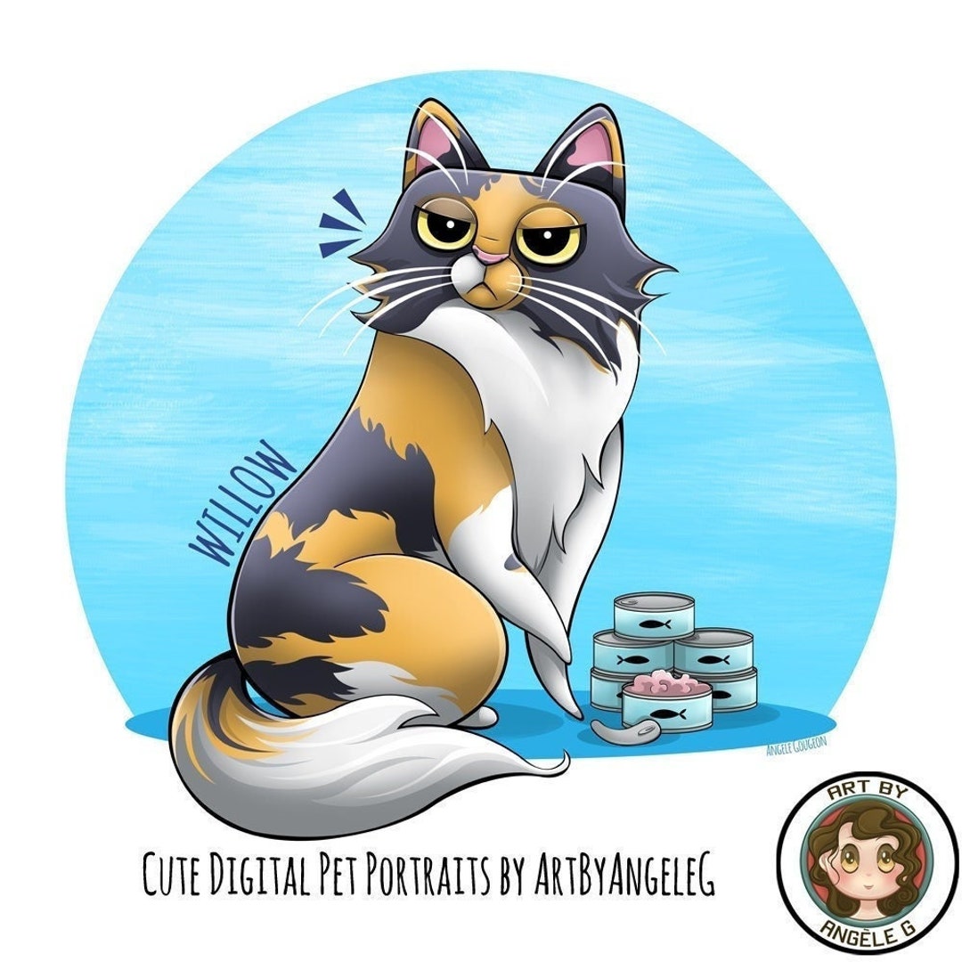 Handdrawn Cartoon Cat Portrait, Digital Gift, Custom Cat Art, Cute Cat ...