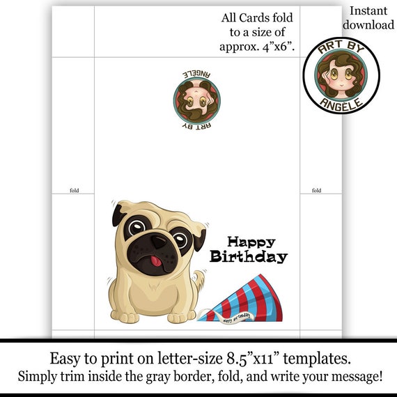 PRINTABLES Instant download Pug birthday card Birthday Dog Printable ...