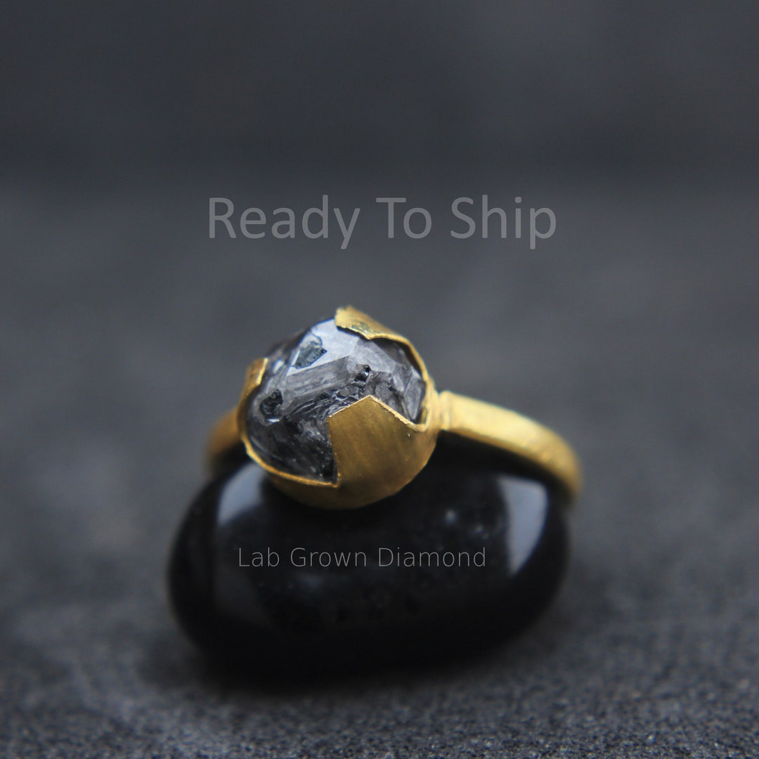Raw Rough Lab Diamond Ring, Salt Pepper Lab Diamond Ring in 18k Gold ...