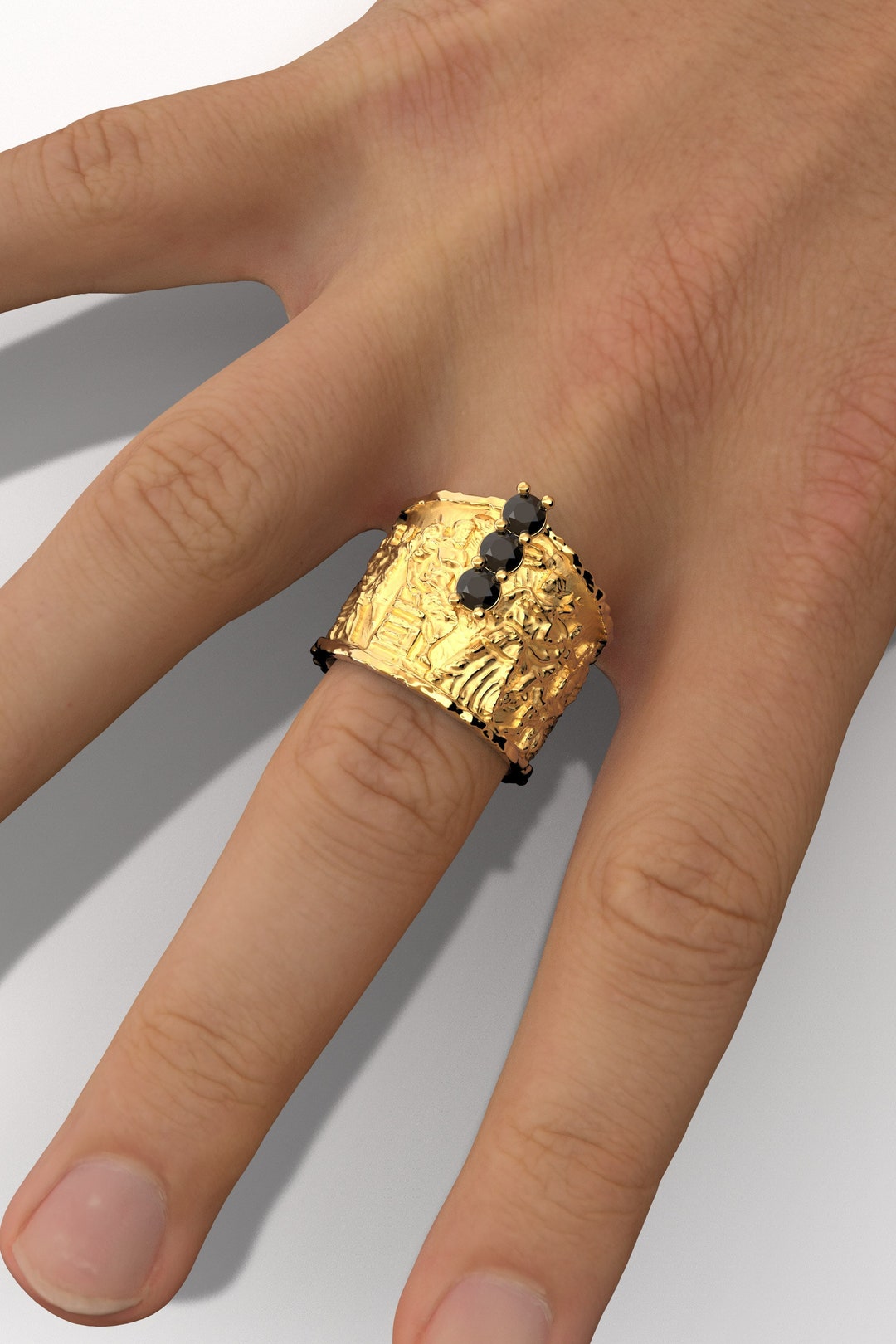 Ancient Greek Style Solid Gold Ring With Natural Black Diamonds ...