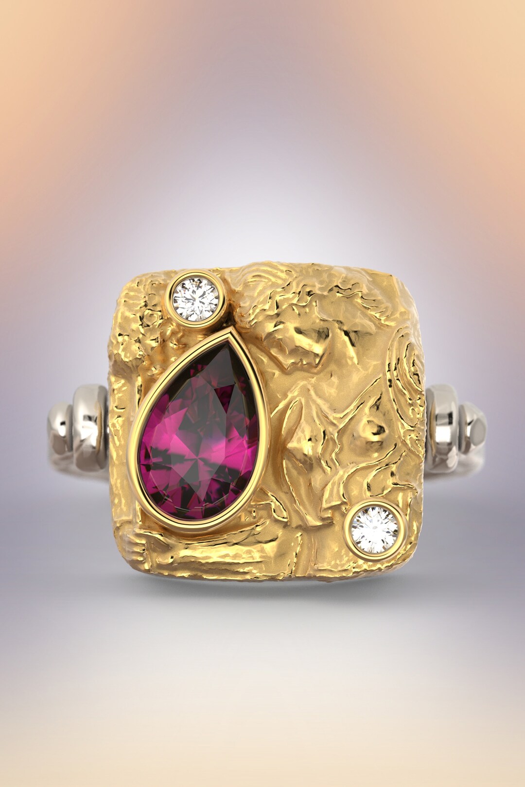 14k or 18k Gold Cocktail Ring: Grape Garnet & Diamond Relief, Made in ...