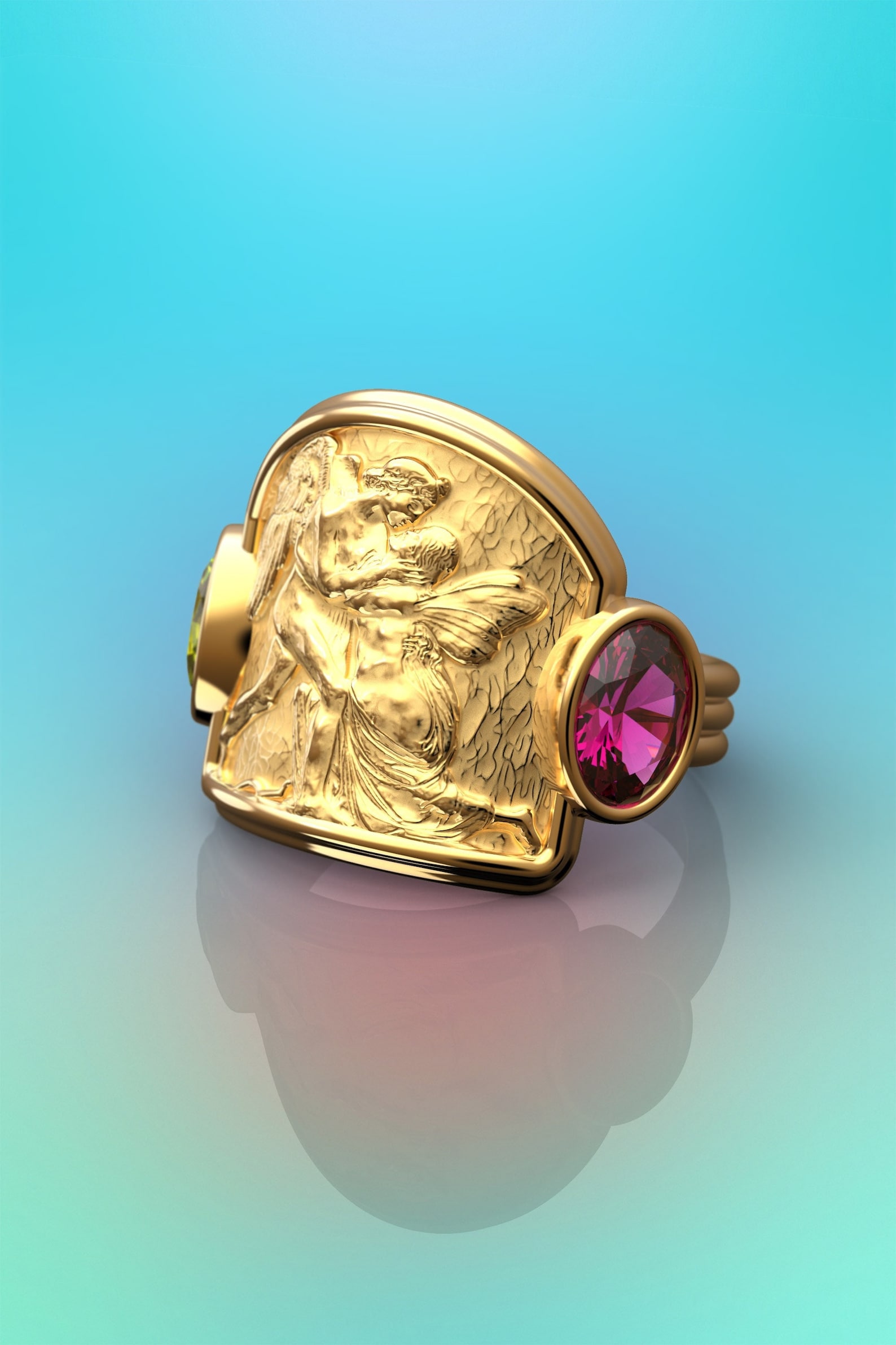 Cupid and Psyche 14k or 18k Gold Ring: Garnet & Peridot, Ancient Style ...