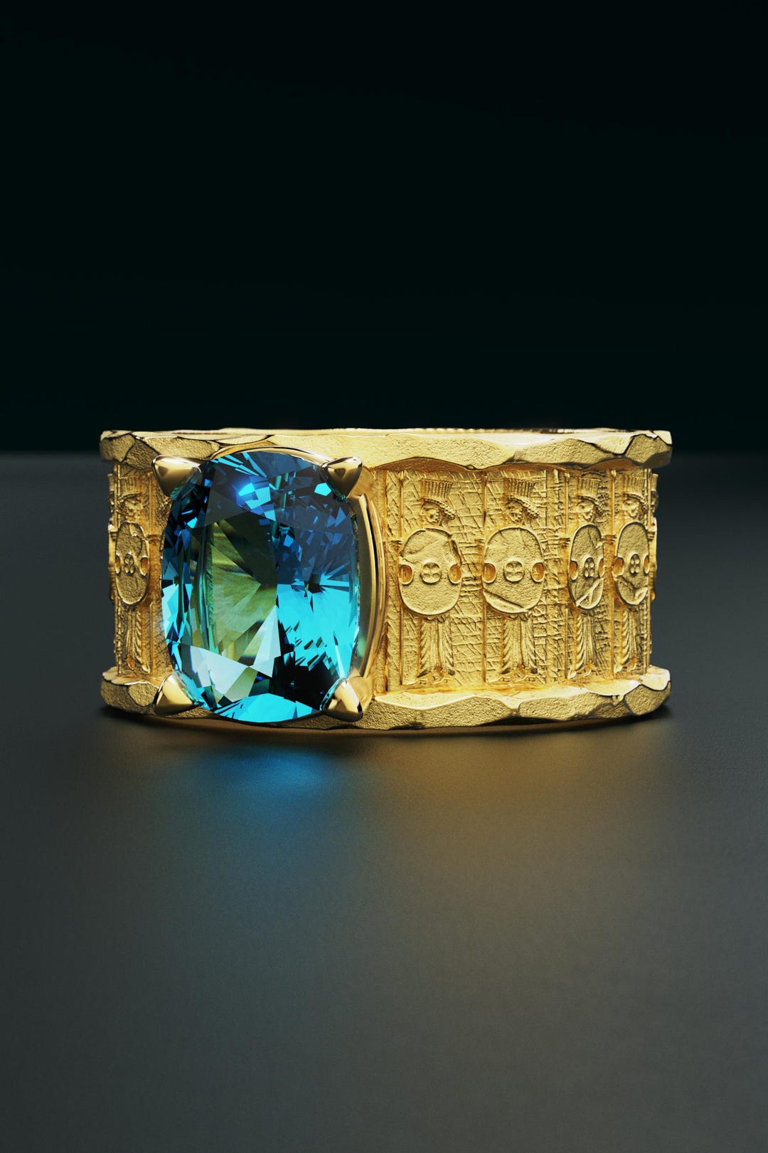 Persian Gold Men's Ring: Blue Topaz, Achaemenid Warriors - Etsy