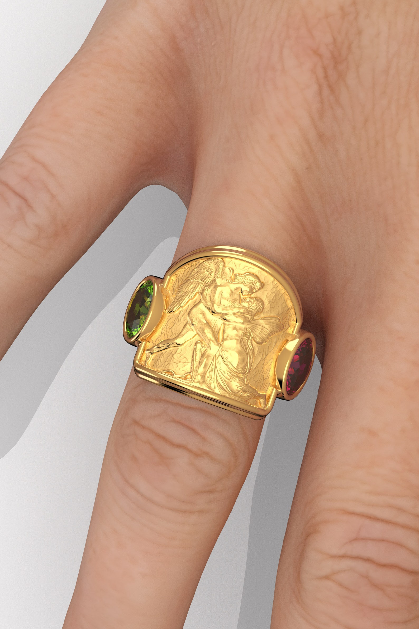 Cupid and Psyche 14k or 18k Gold Ring: Garnet & Peridot, Ancient Style ...