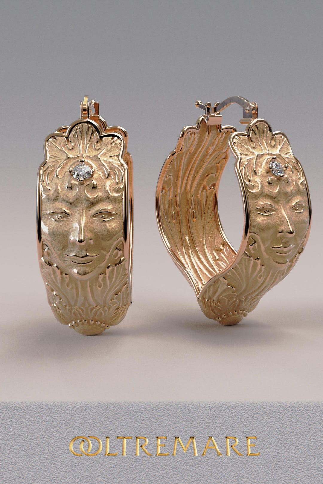 Baroque Gold Hoop Earrings: Woman's Face, Diamond, Acanthus Leaf - Etsy