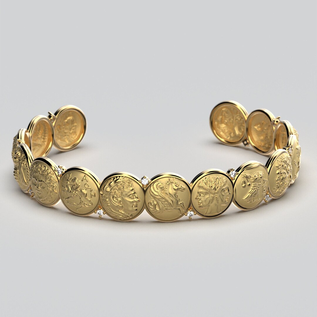 Italian Gold Coin Cuff Bracelet: 18k/14k Diamond Replica Jewelry - Etsy