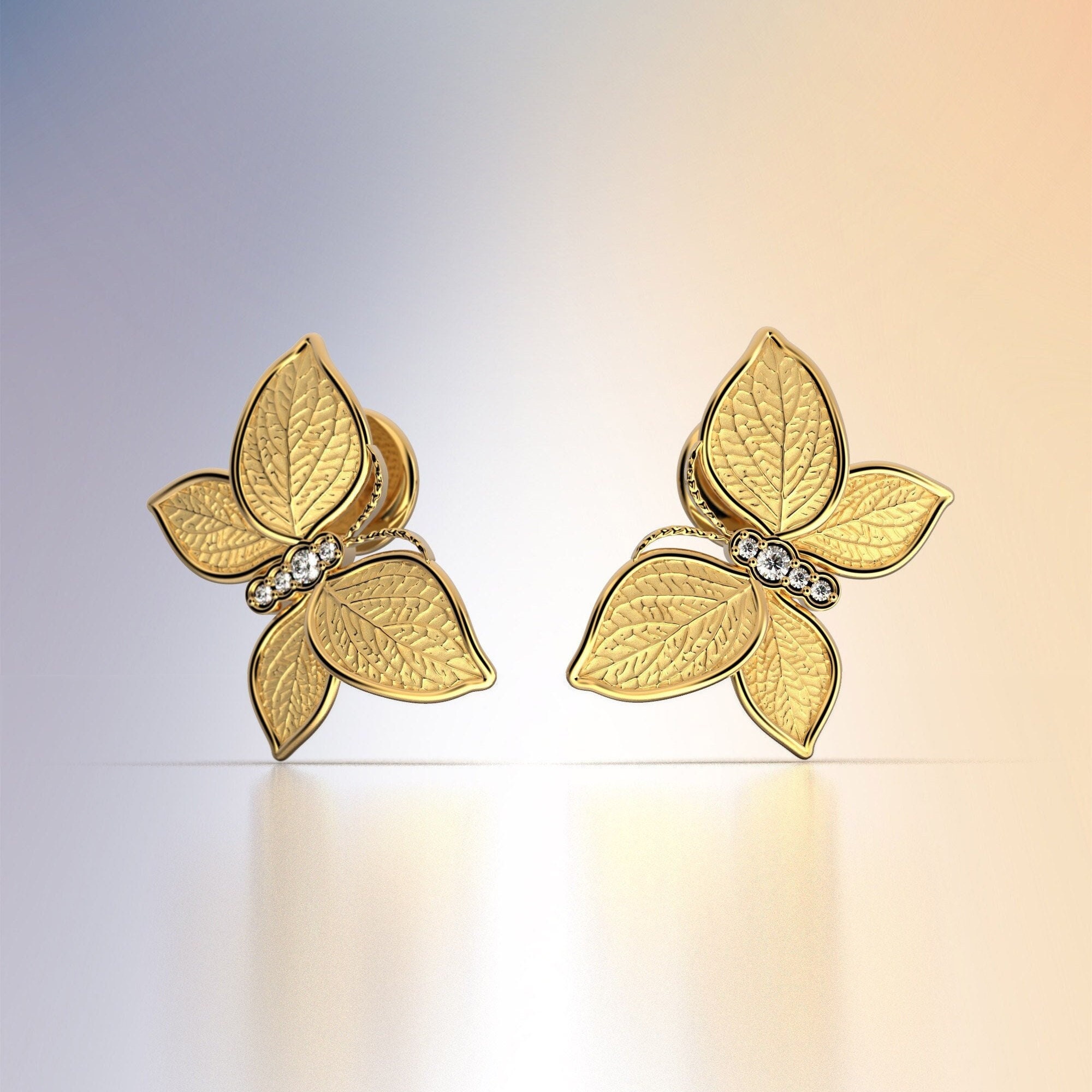 18K Gold Butterfly Earrings With Diamonds 14k Gold Butterfly Stud Earrings Nature Inspired Gold Earrings Made in Italy by Oltremare G. Etsy