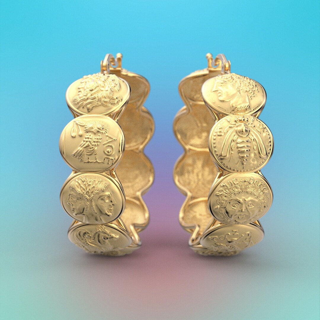 Italian Gold Coin Hoop Earrings: 14k/18k Gold, Ancient Greek Style - Etsy