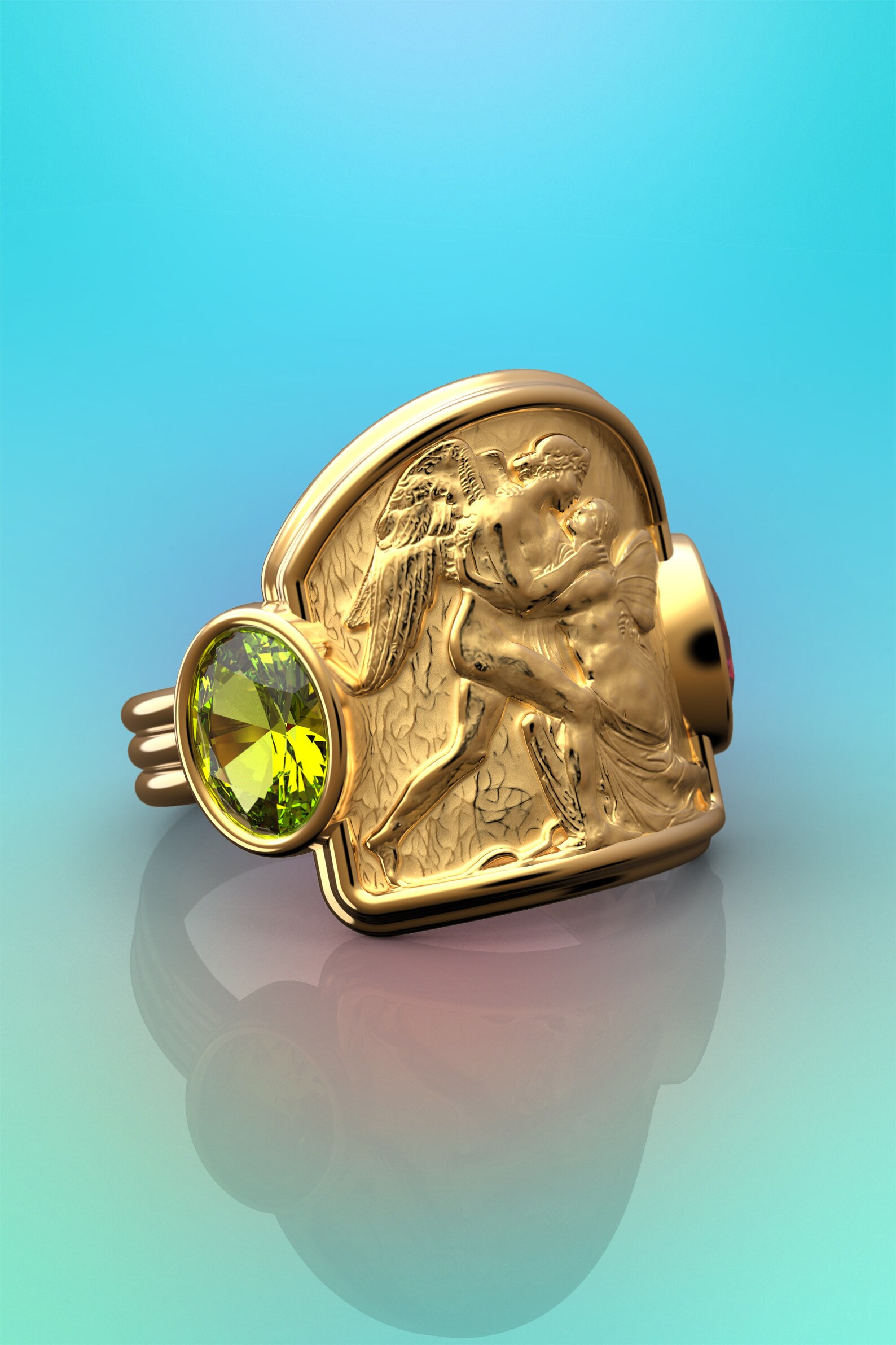 Cupid and Psyche 14k or 18k Gold Ring: Garnet & Peridot, Ancient Style ...