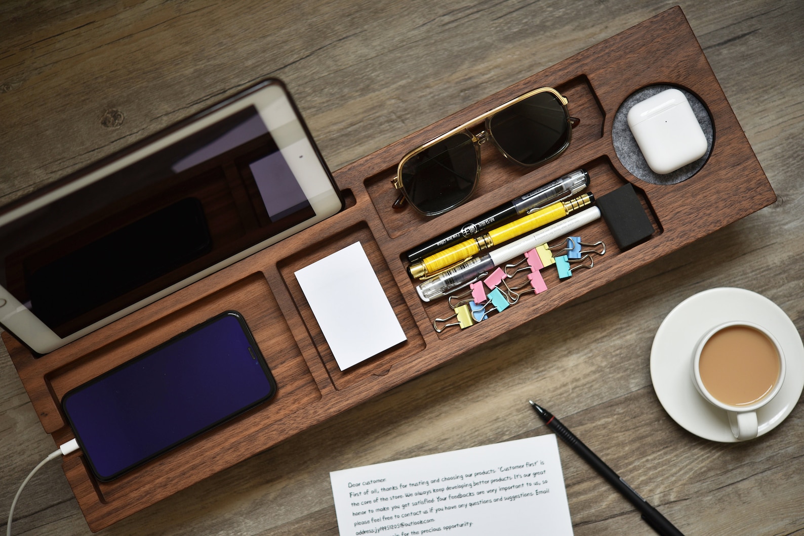 Black Walnut Wood Desk Organizer With Wireless Charger, Personalized ...