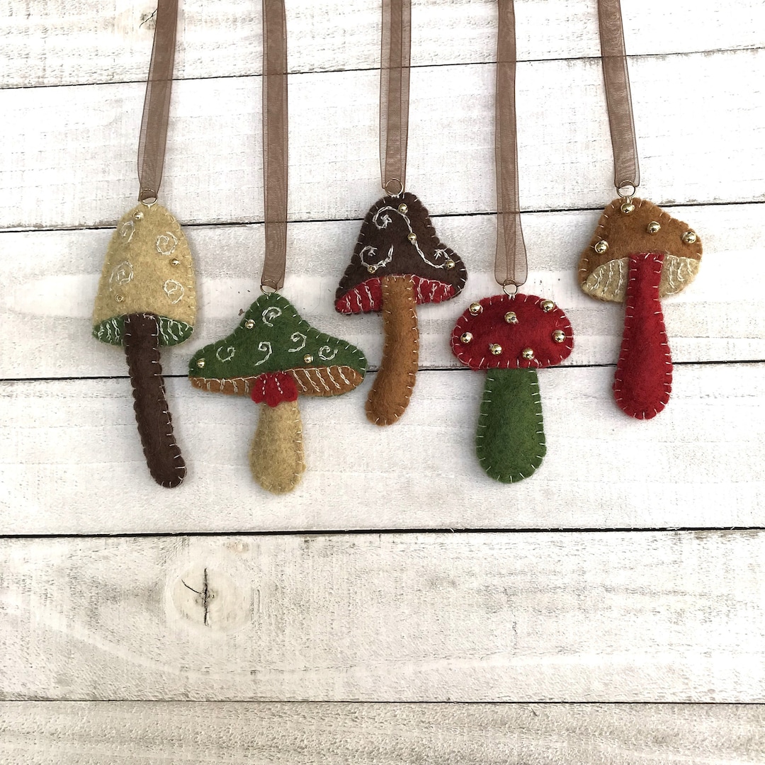 Christmas Ornament Kit DIY, Makes 5 Mini Mushrooms Gold Accents, Felt ...
