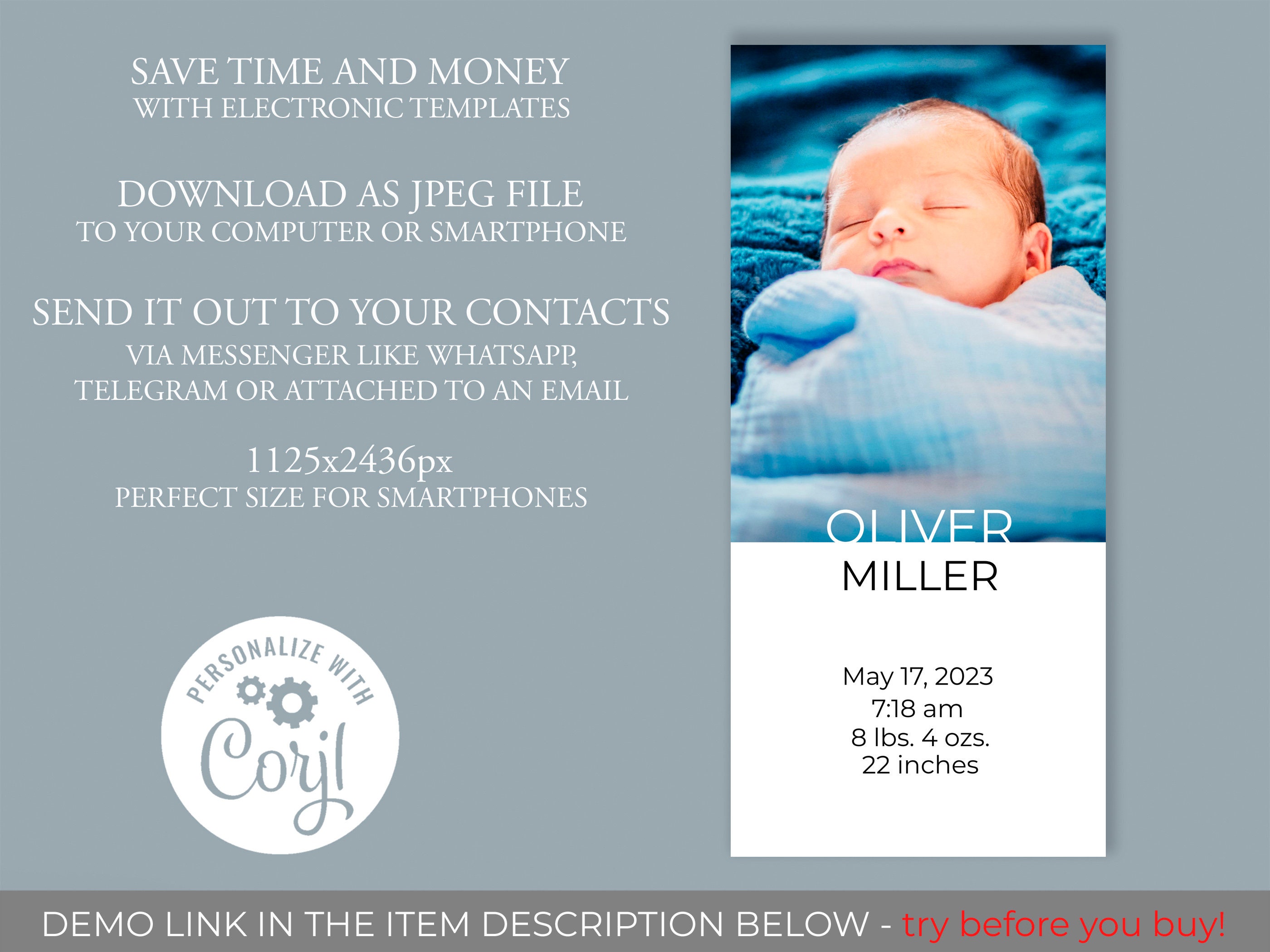 Editable Birth Announcement Ecard / Digital Greeting Card New Baby ...