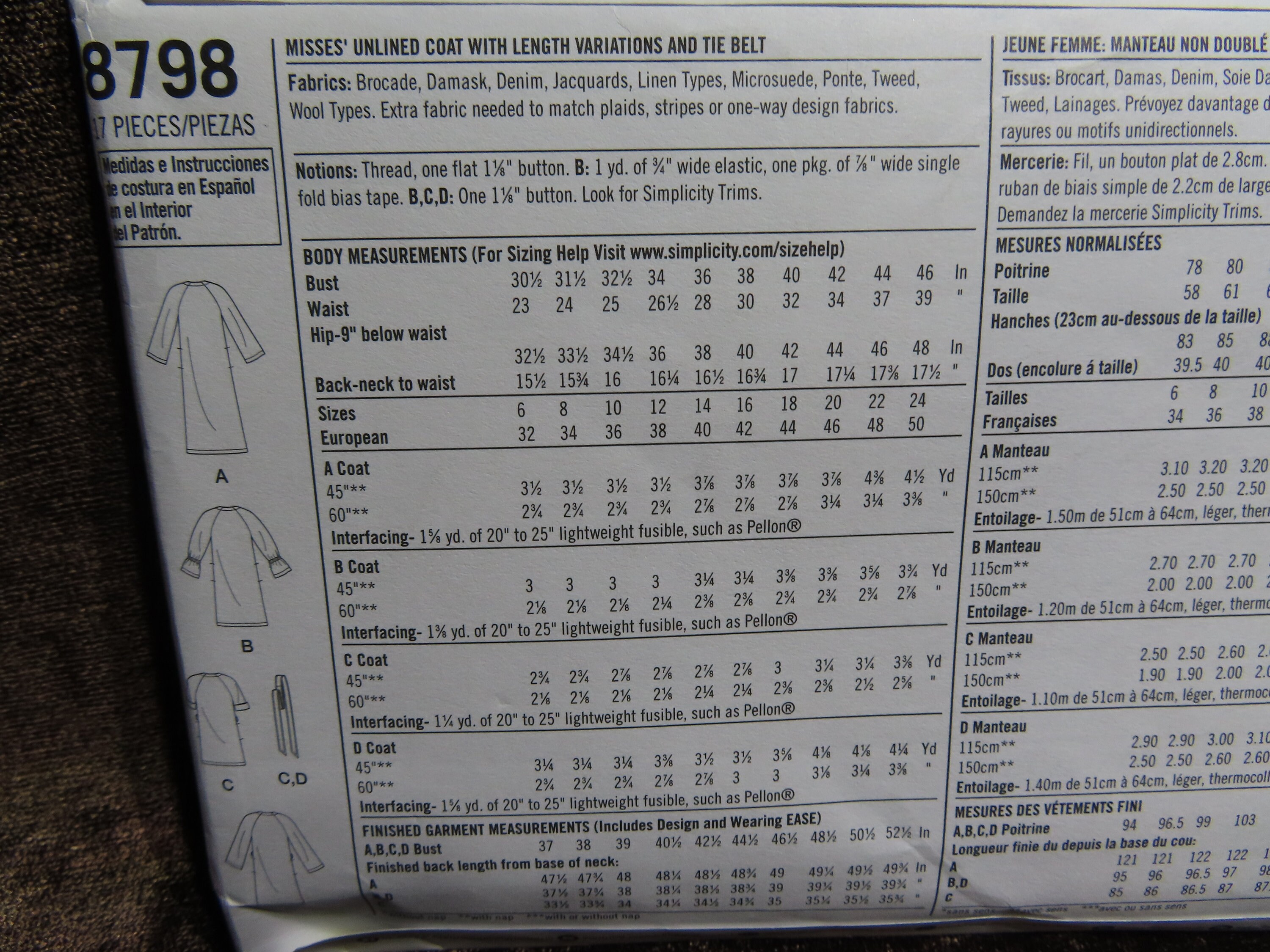 Misses'/women's Coat Sewing Pattern Simplicity 8798 Size 16-18-20-22-24 ...