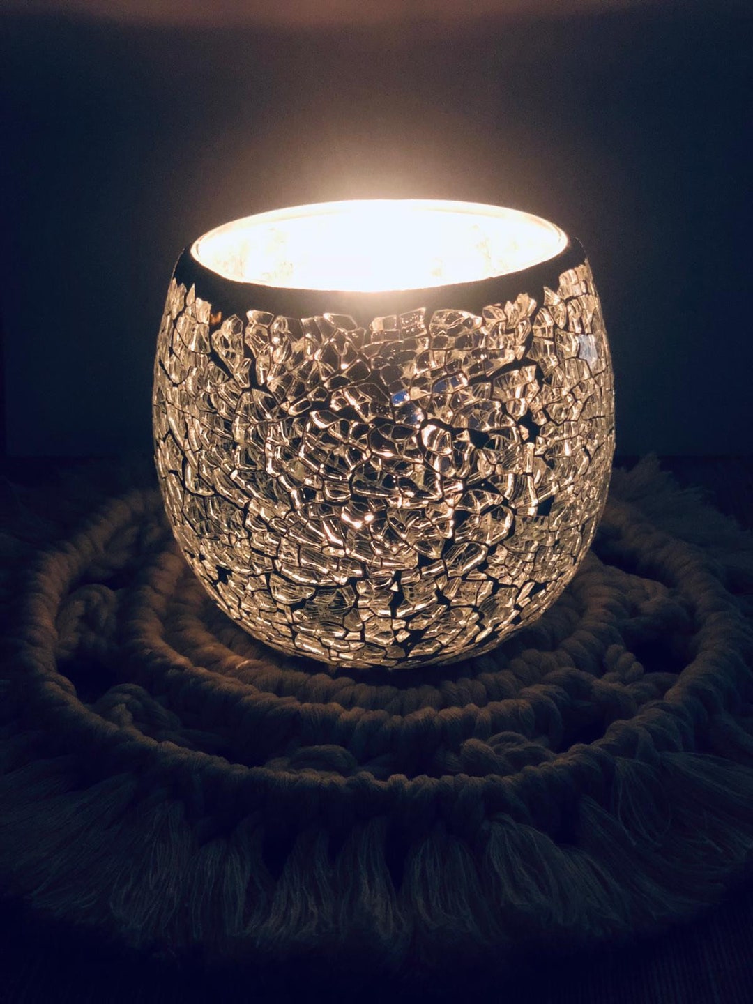 Classy Silver Brown Mosaic Glass Candle Holder - Handmade Modern Candle ...