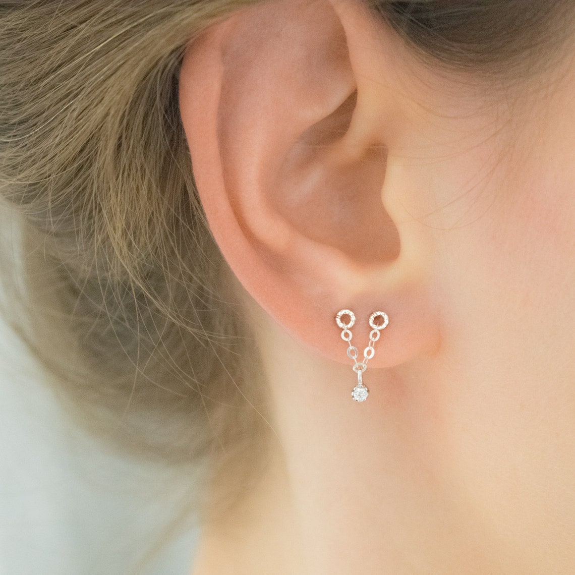 Double Chain Earring Double Piercing Studs Two Hole | Etsy