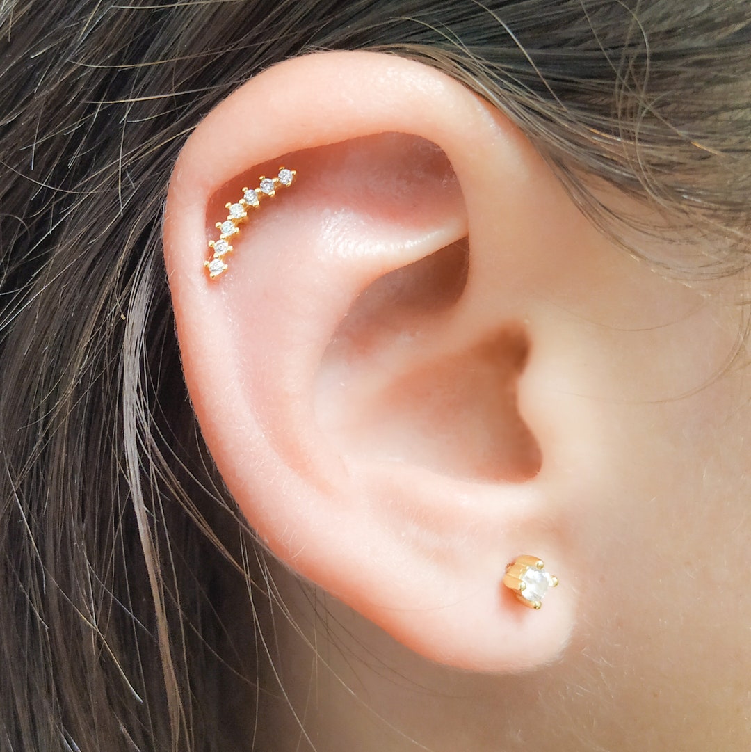 CZ Diamond Helix Earring- Helix Jewelry- Helix Stud- Curved Bar Helix ...
