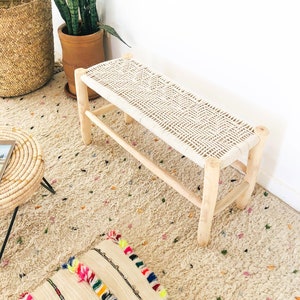 Bench in Raw Wood and Openwork Weaving in Natural Cotton, Handmade ...