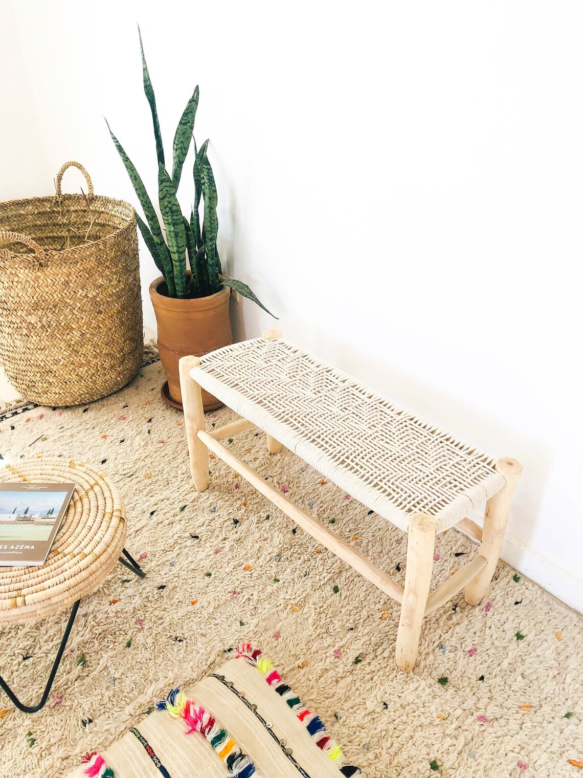 Bench in Raw Wood and Openwork Weaving in Natural Cotton - Etsy