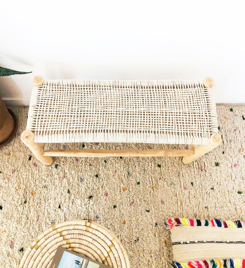 Bench in Raw Wood and Openwork Weaving in Natural Cotton - Etsy