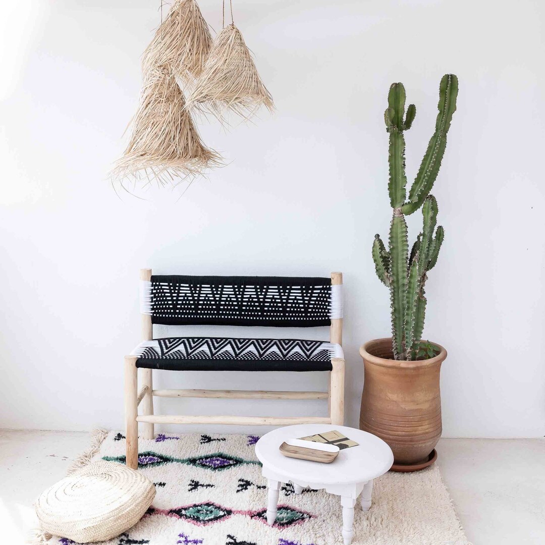 Moroccan Bench in Raw Wood and Backrest With Black and White - Etsy